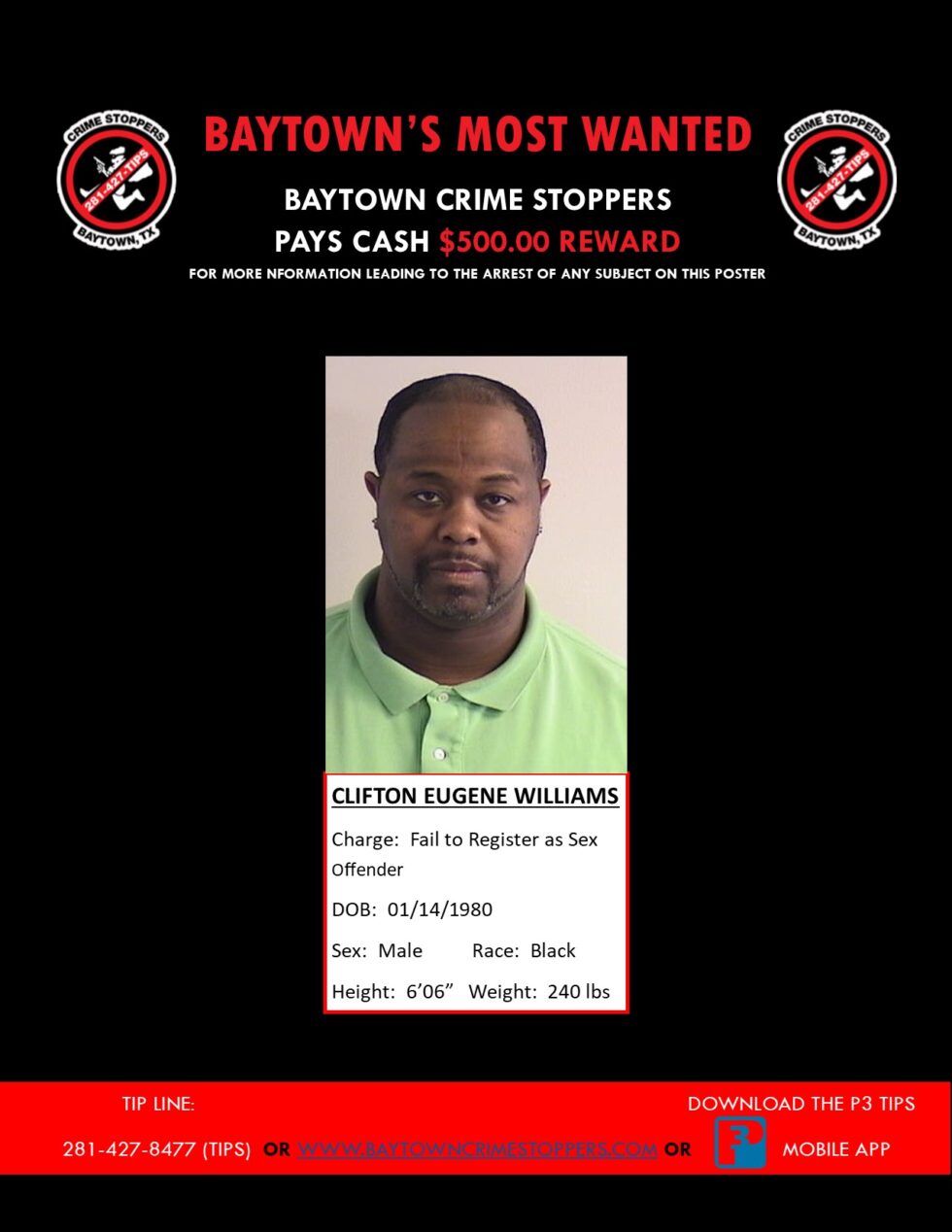 Baytown’s Most Wanted – Clifton Eugene Williams | Baytown Crime Stoppers